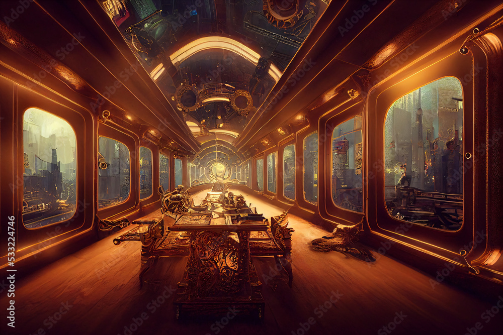 fantasy steampunk interior, elevated railway station, fictional interior created with generative ...