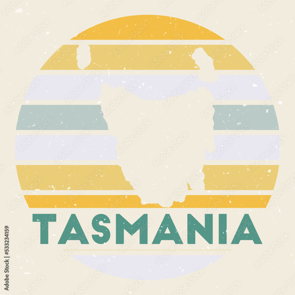 Tasmania logo. Sign with the map of island and colored stripes, vector ...