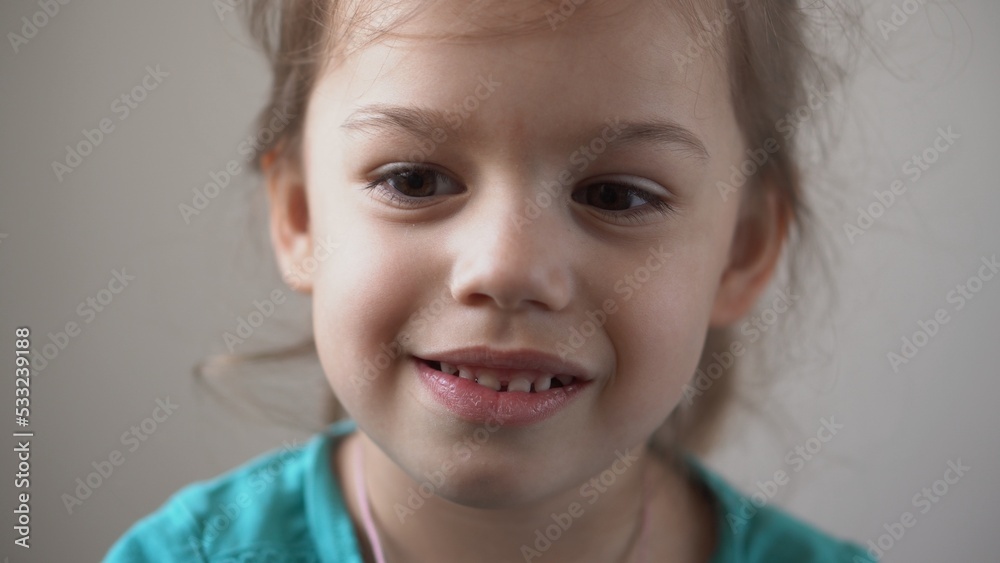 Portrait Funny Happy little kid close up happy preschool girl smiling ...
