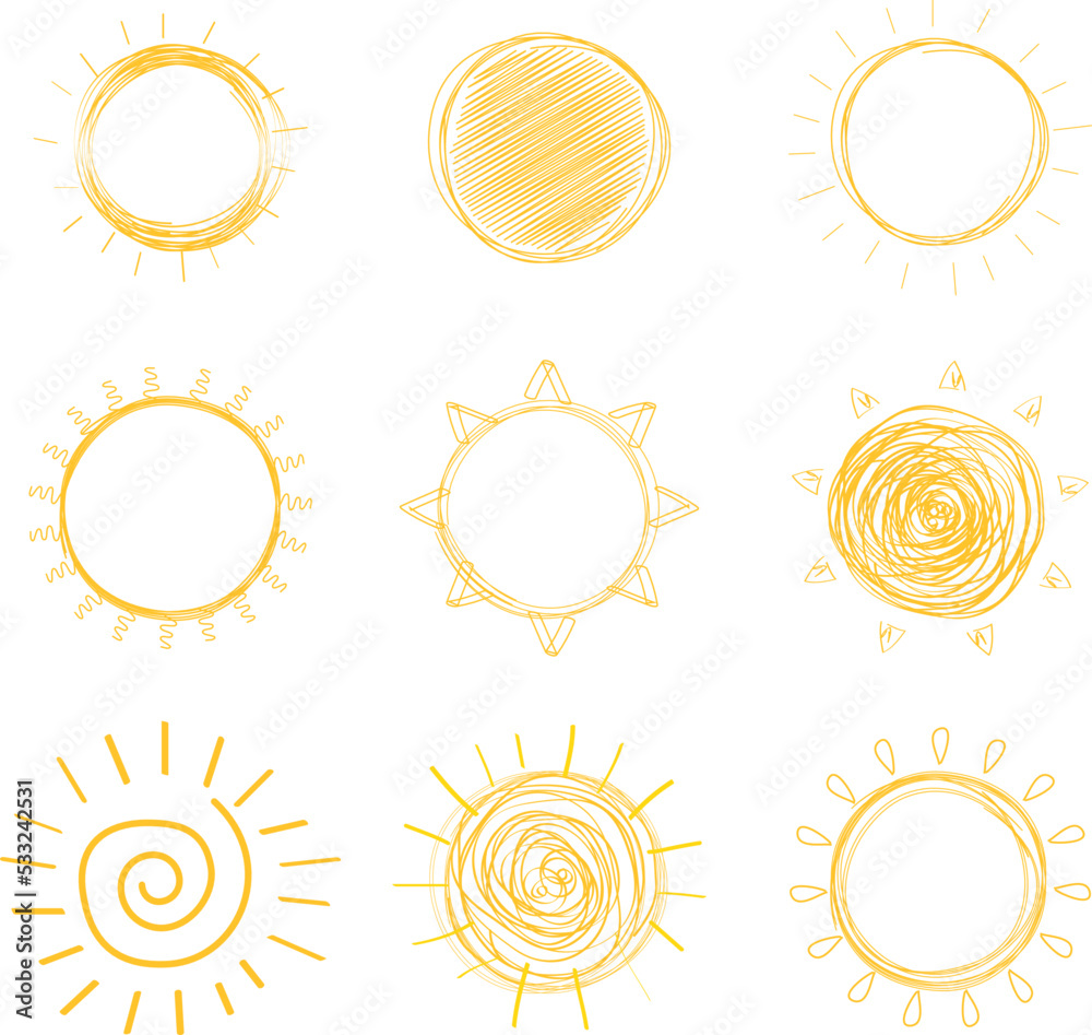 Sun hand drawn icon set isolated on white background. Collection of ...
