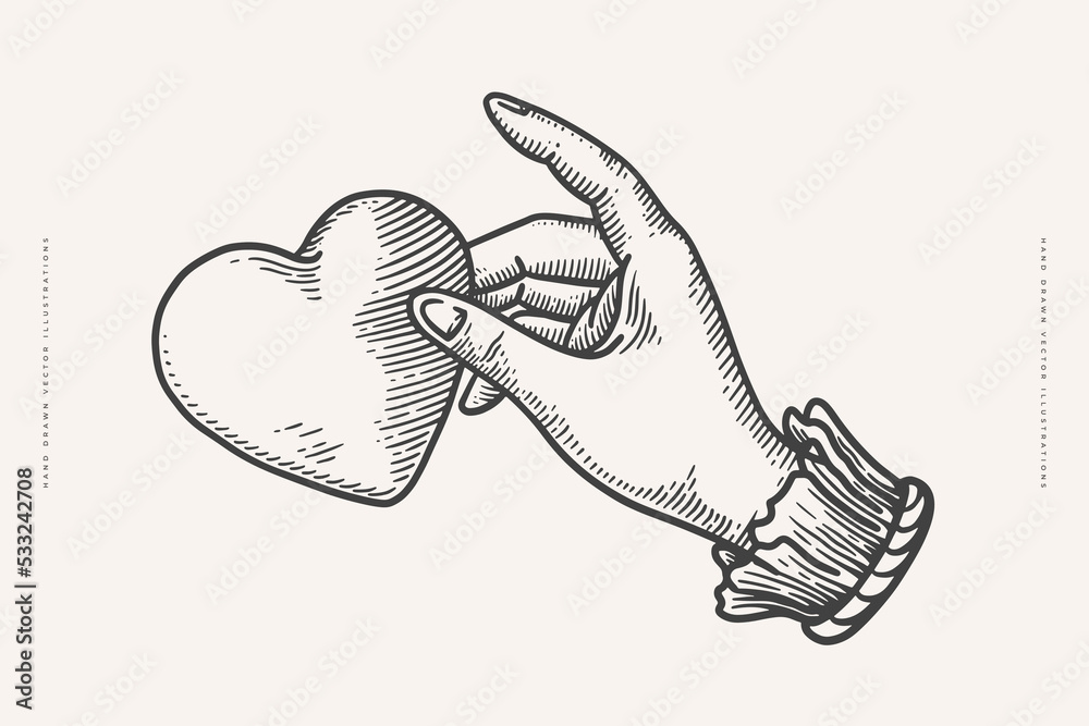 Hand holding a heart in engraving style. Vintage symbol of love on a ...