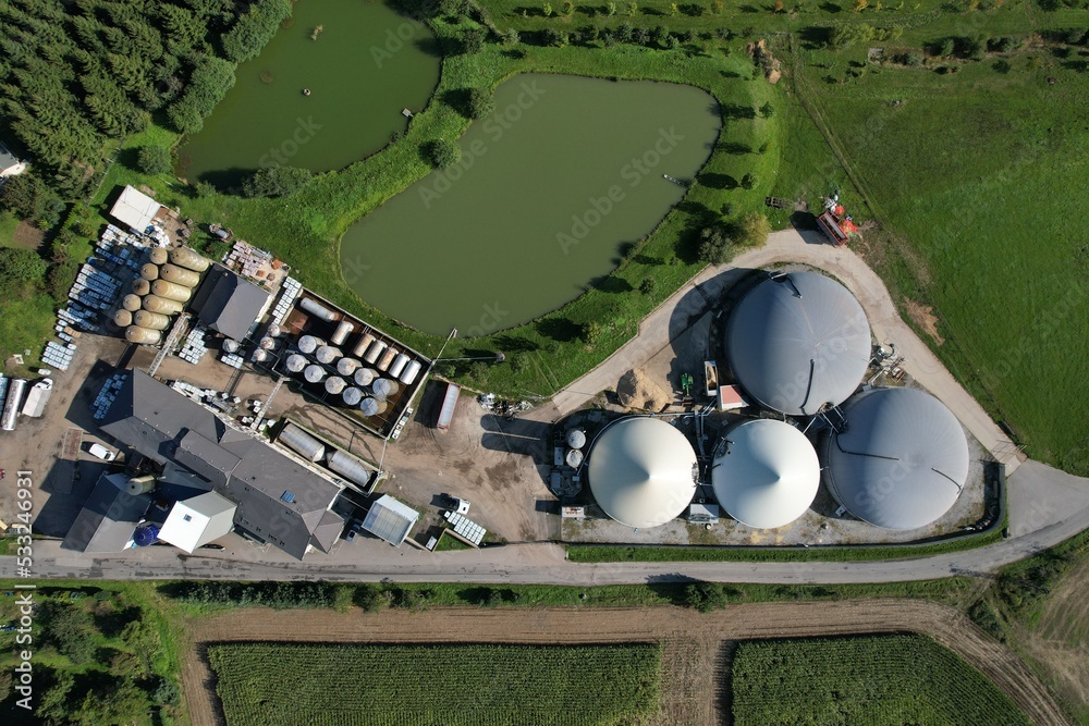 biogas production, biogas plants, bioenergy,aerial panorama landscape view of bio gas production ...
