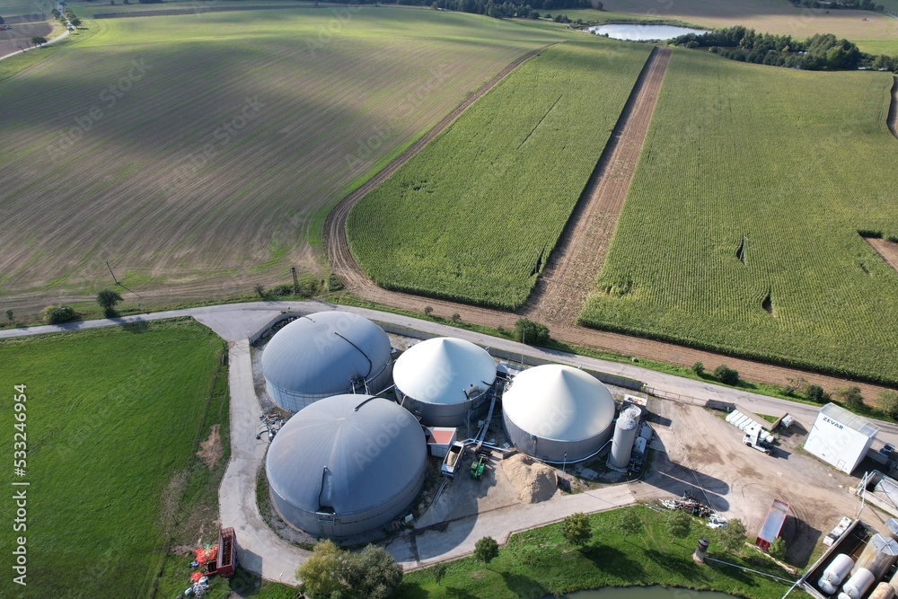 biogas production, biogas plants, bioenergy,aerial panorama landscape view of bio gas production ...
