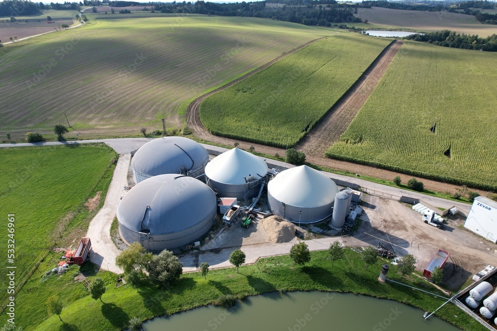 biogas production, biogas plants, bioenergy,aerial panorama landscape ...