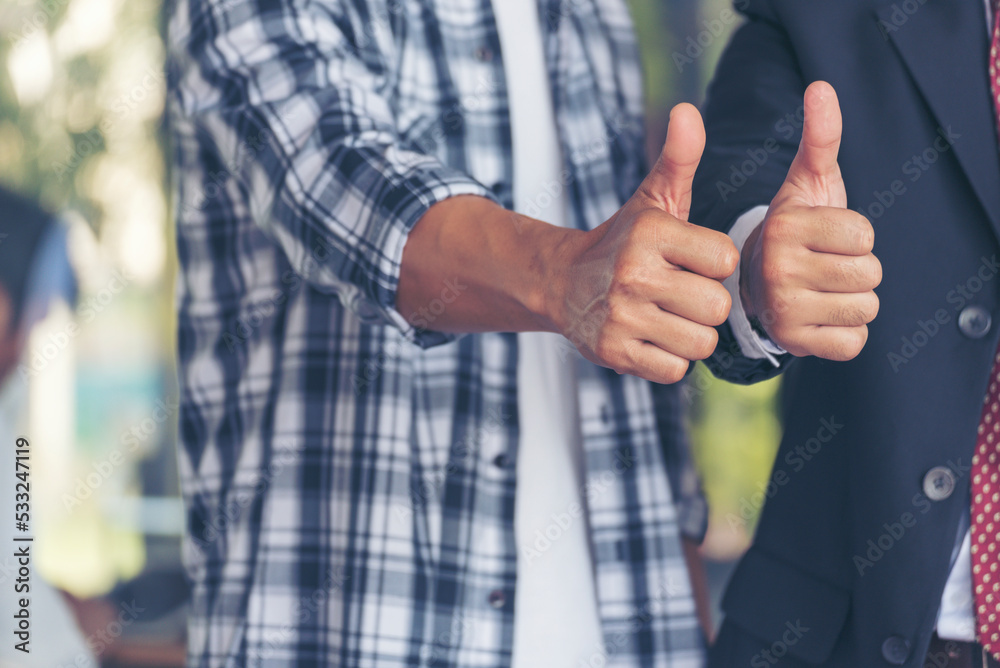 Thumbs up team hand satisfaction job with positive happy good sign ...