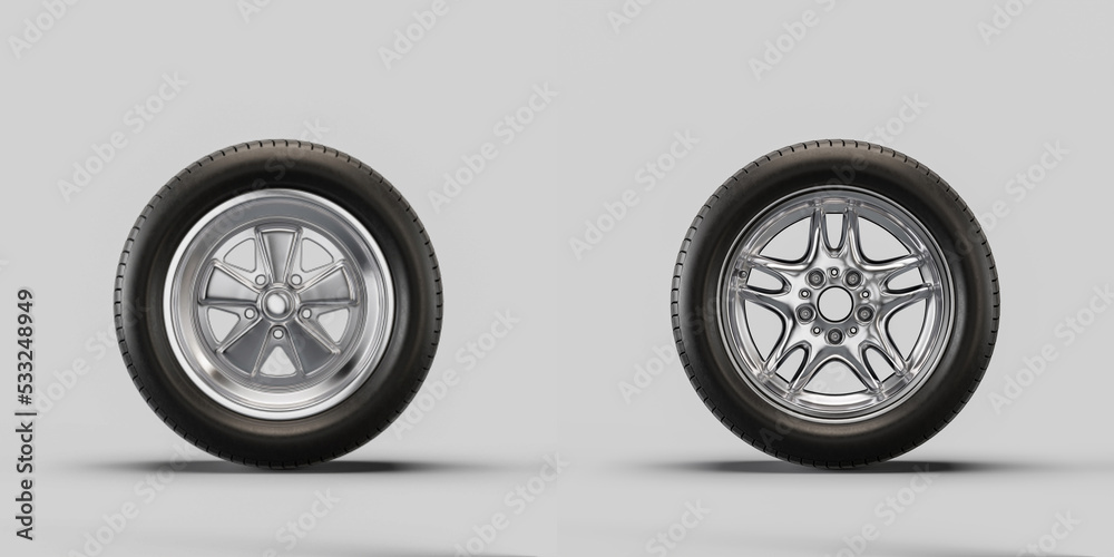 Car wheels on white background. Isolated car tires with shiny rim from ...