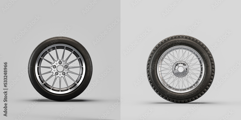Car wheels on white background. Isolated car tires with shiny rim from ...