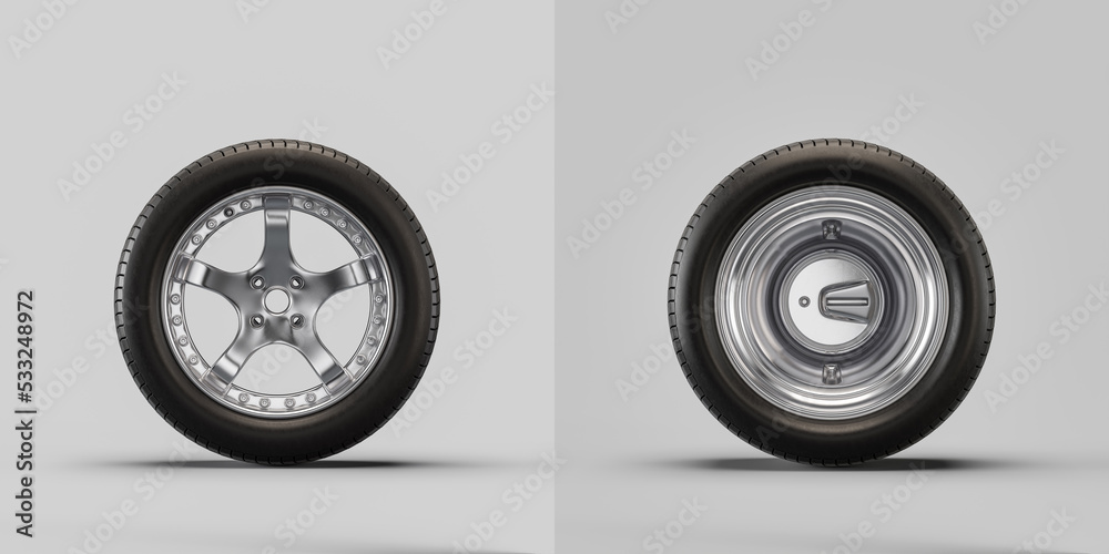 Car wheels on white background. Isolated car tires with shiny rim from ...