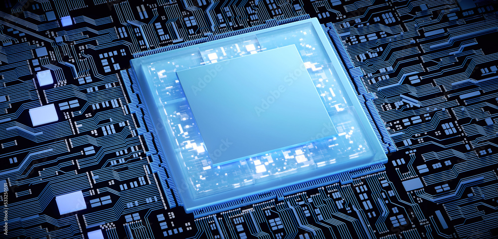 3D rendering of cyberpunk AI. Circuit board. Technology background ...