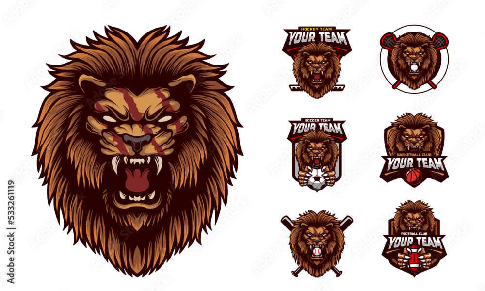 Vecteur Stock Lion Head with scar on face Mascot Logo with logo set for ...