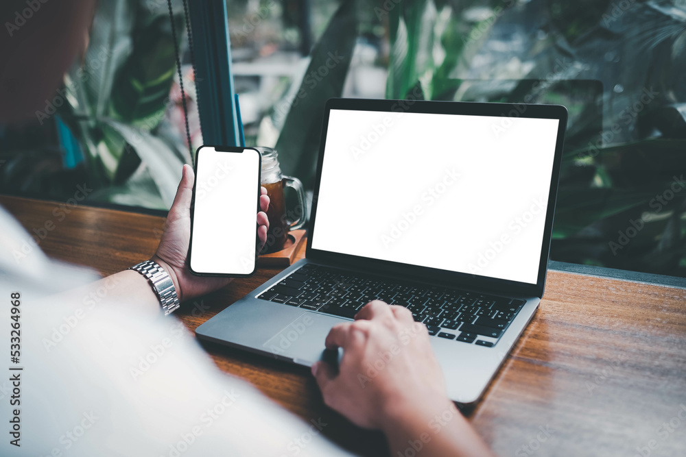 mockup image computer,cell phone blank screen for hand typing text ...