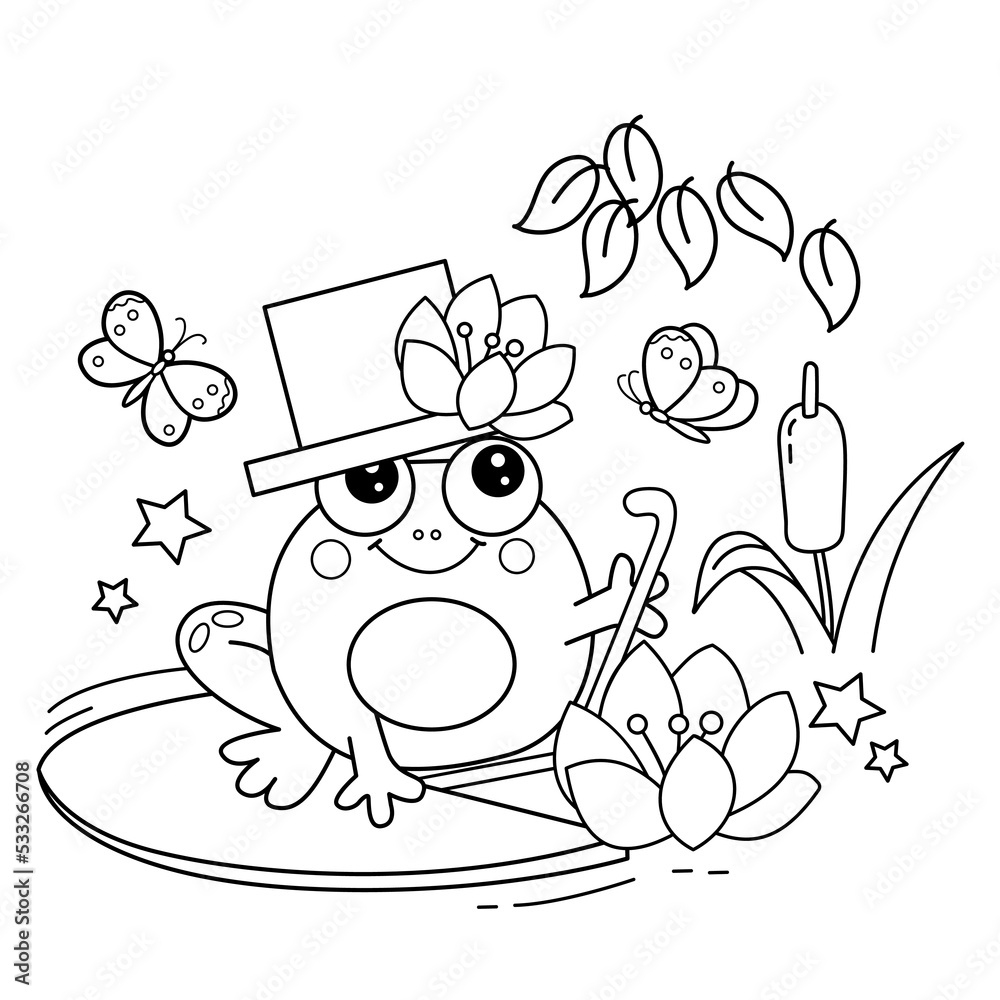 Coloring Page Outline Of cartoon cheerful frog on pond among the water ...