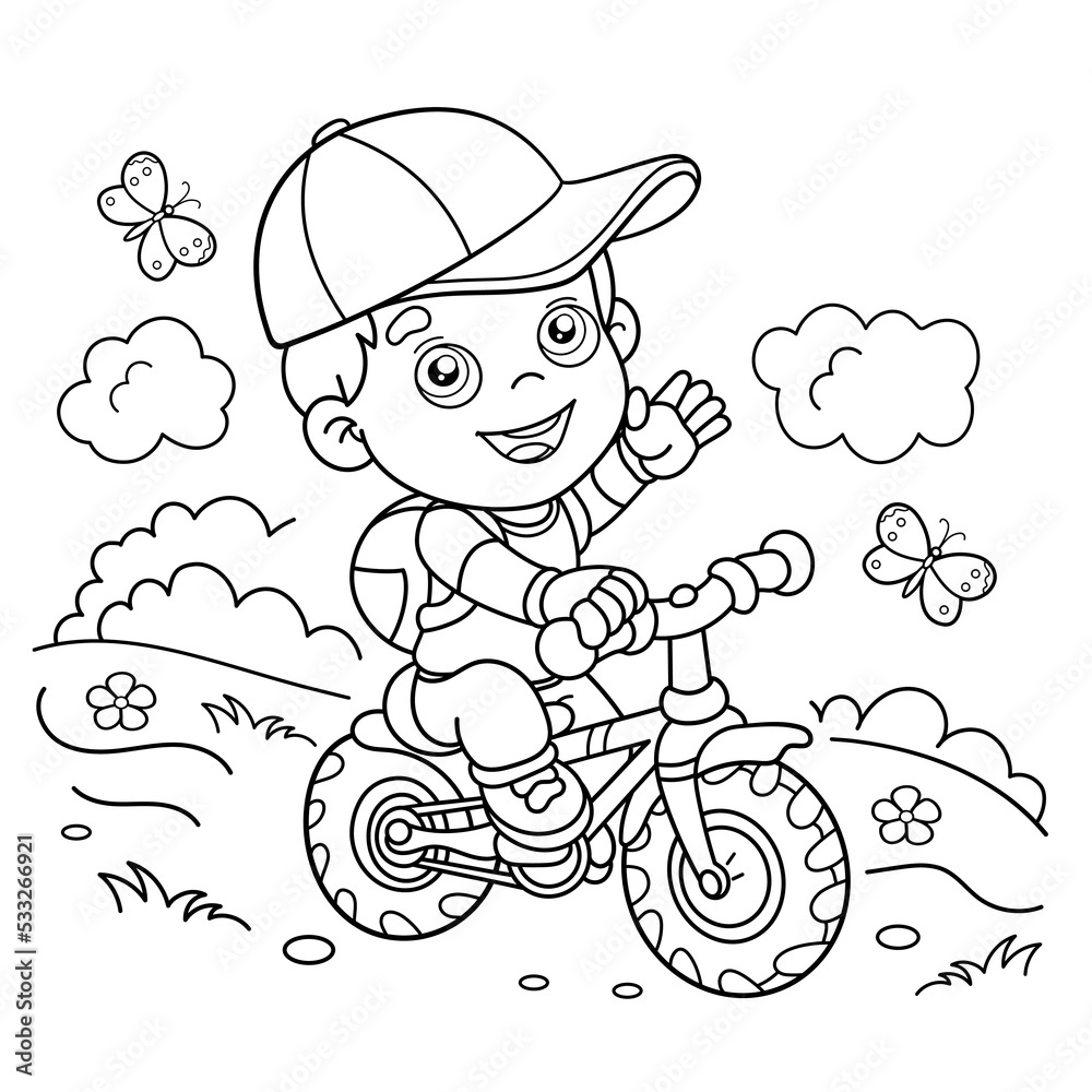 Coloring Page Outline Of a cartoon fun boy on a bicycle or bike ...