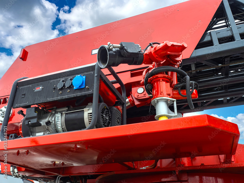 Fire extinguishing equipment. Fire monitor on car body. Fragment of ...