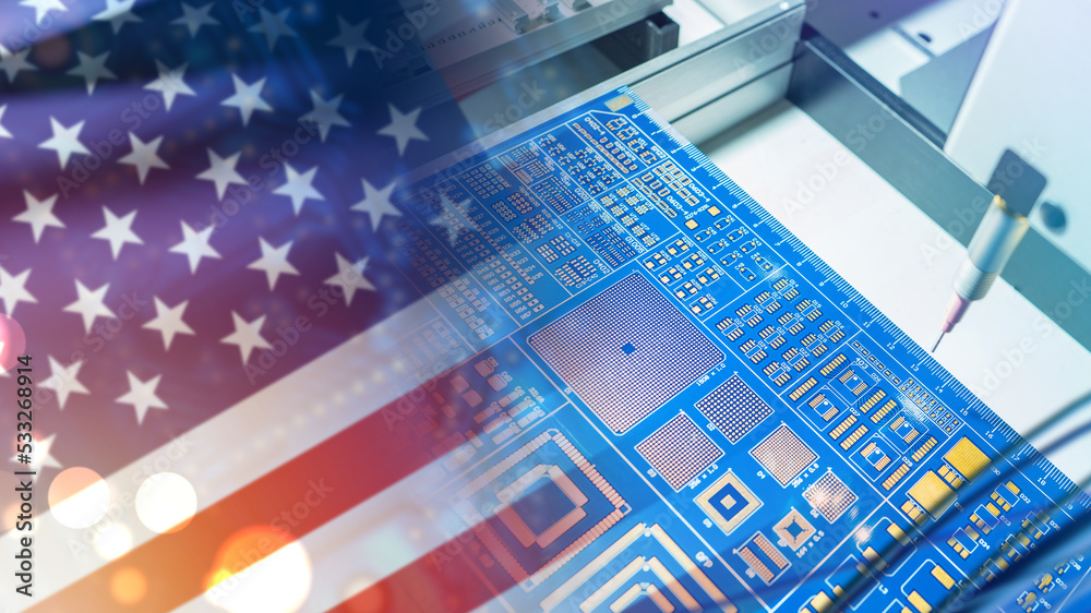 Microelectronics in US production and chips in regions America. US flag ...
