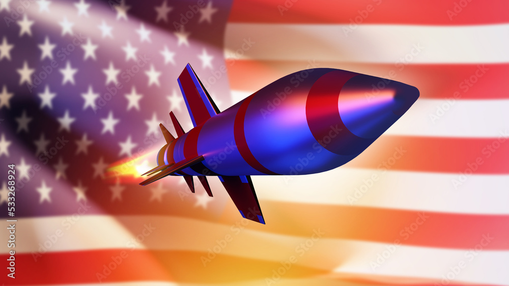 Rocket in front of American flag. Air defense missile USA . Ballistic ...