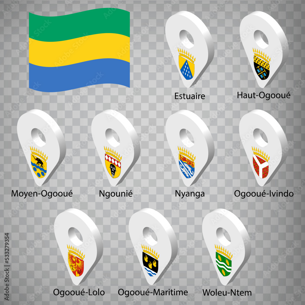Vetor de Nine flags the Provinces of Gabon- alphabetical order with name. Set of 3d geolocation ...