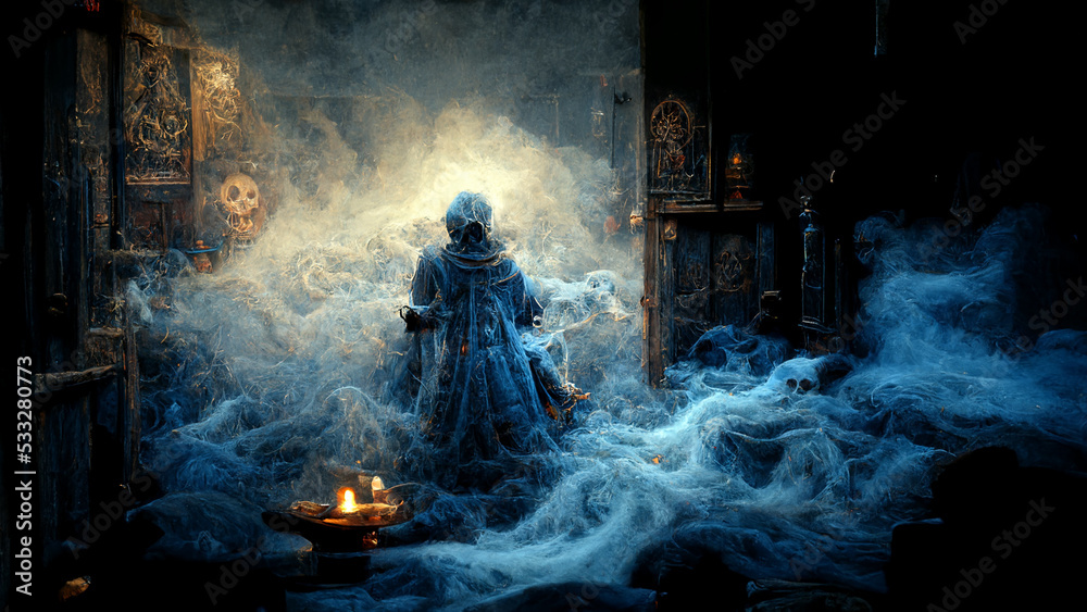 Scary ghost woman in haunted house. Digital art Stock-Illustration ...