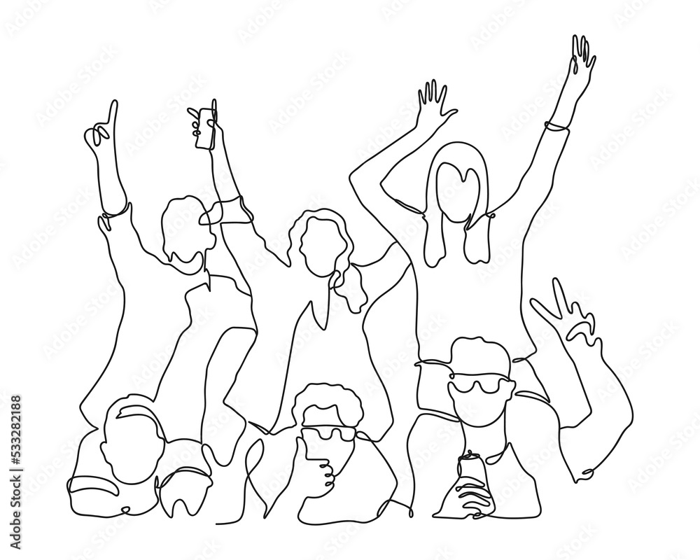 Line art drawing of cheerful crowd. Hands up. Group of Applause people ...
