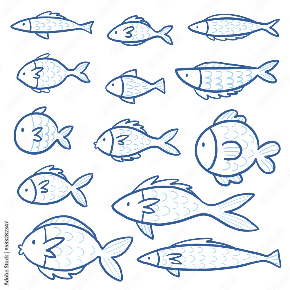 Cute fish doodle sketch illustration elements set collection Stock ...