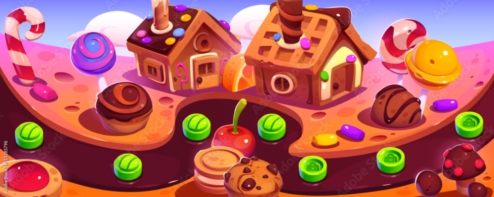 Game level map of fantasy sweet world with chocolate river, gingerbread ...
