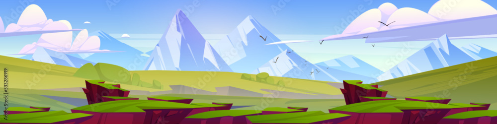 Cartoon nature landscape green valley with grass and rocks under blue ...