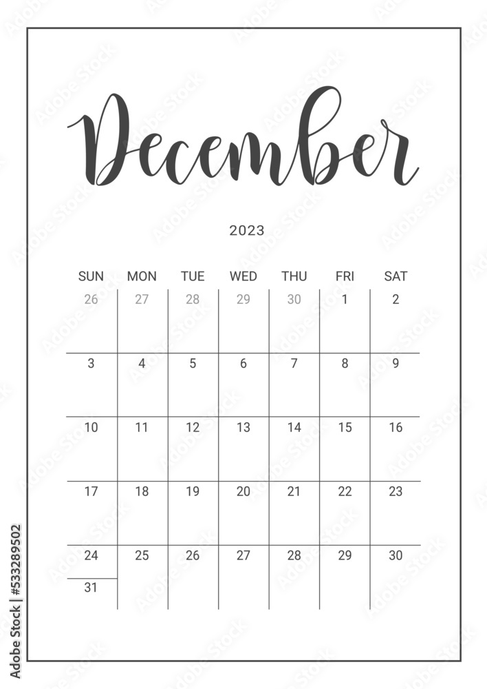Vector Calendar Planner for December 2023. Handwritten lettering. Week ...