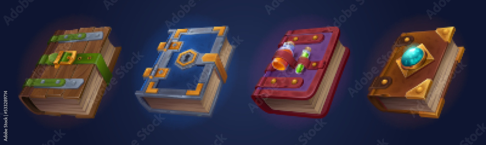 Magic spell books, fantasy alchemy grimoires, closed wizard diary ...