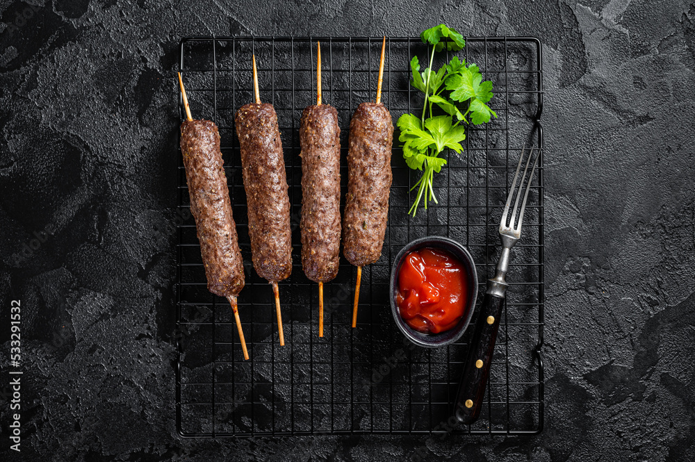 Grilled shish kebab, arabic kofta kofte kebab from mince lamb and beef ...
