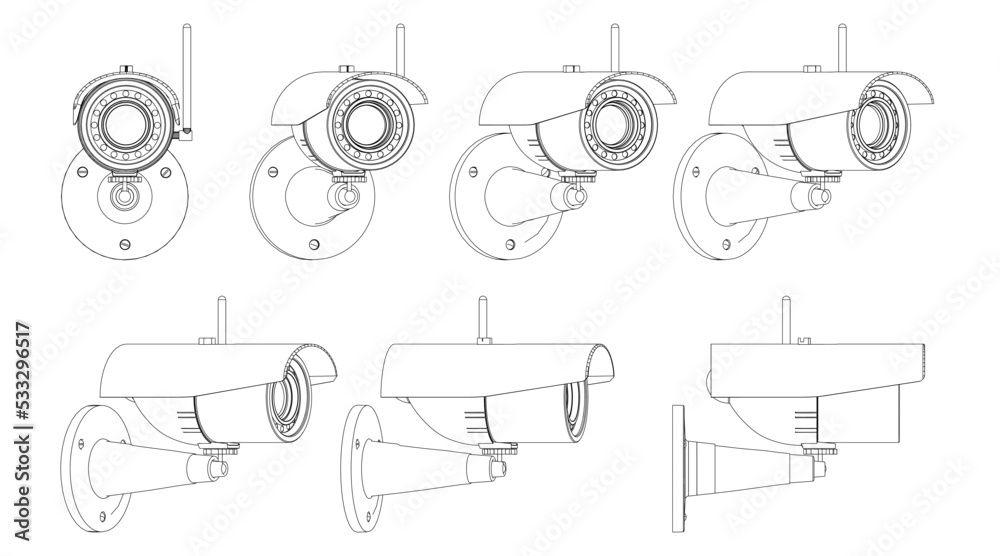 Set with contours of a video surveillance camera in different positions ...