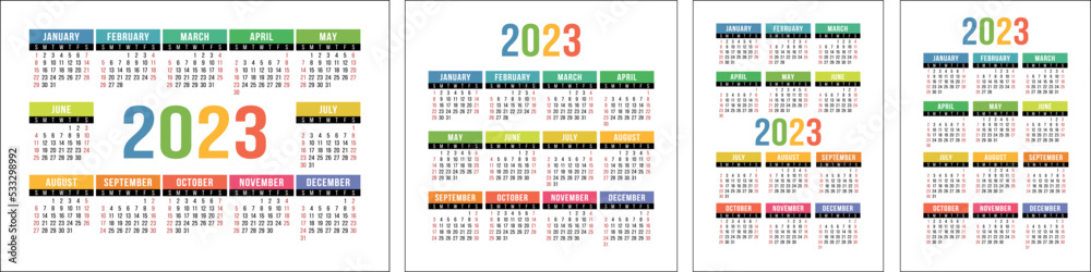 Calendar 2023 set. Color english calender template collection Stock ...