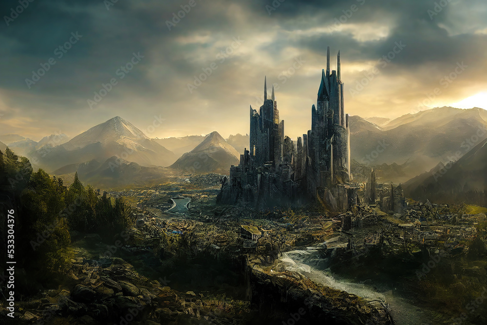 Aerial view of an ancient Middle Ages town with a lake and a feudal ...