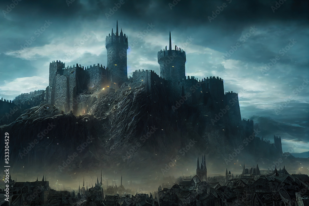 Digital illustration of a medieval tower on a hill with a village town ...