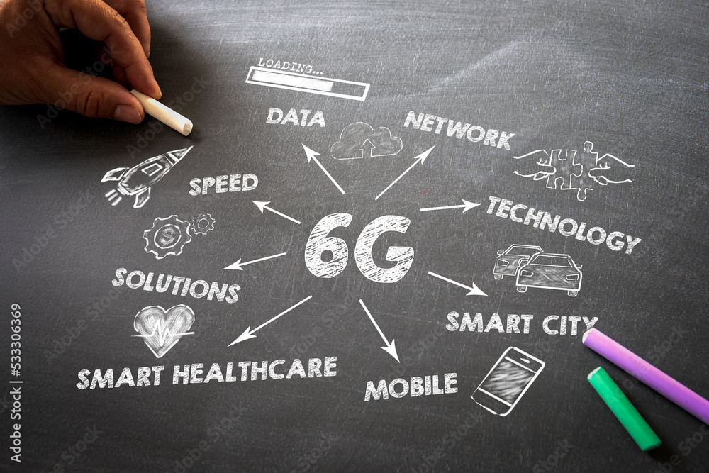 6g tehnology concept. Chart with keywords and icons. Chalk board ...