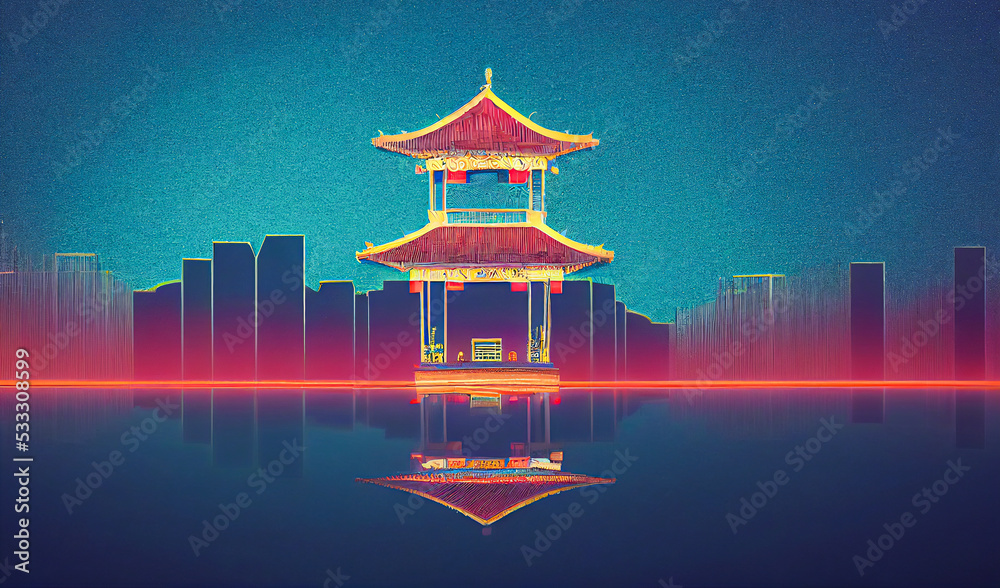 Skyline of a Chinese city, modernity and tradition in Asia, neon on ...