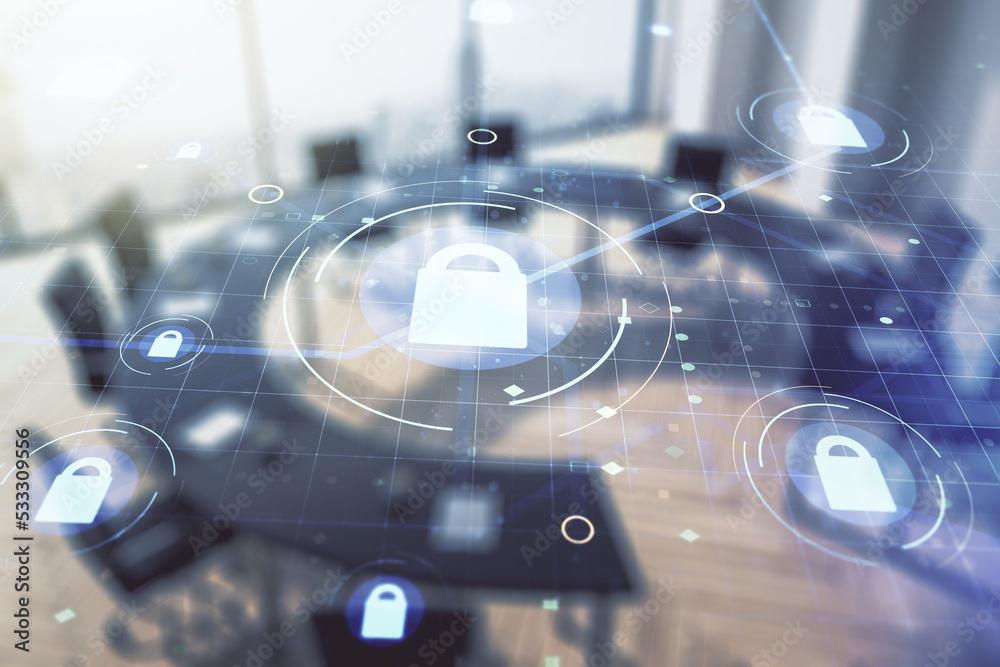 Virtual creative lock illustration with microcircuit on a modern ...