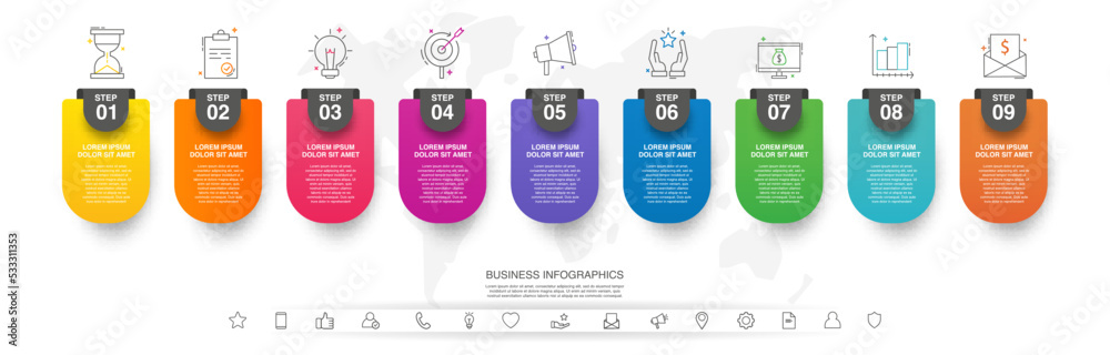 Vector infographic flat template label for nine steps, diagram, graph ...
