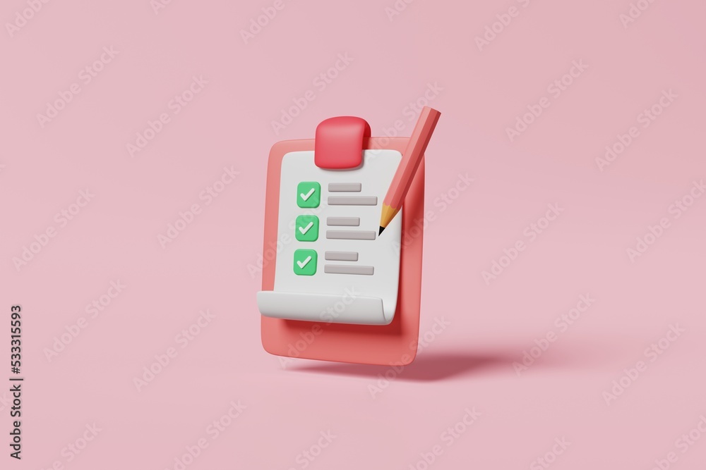 Pink clipboard with checklist paper sheet green checkbox correct check ...