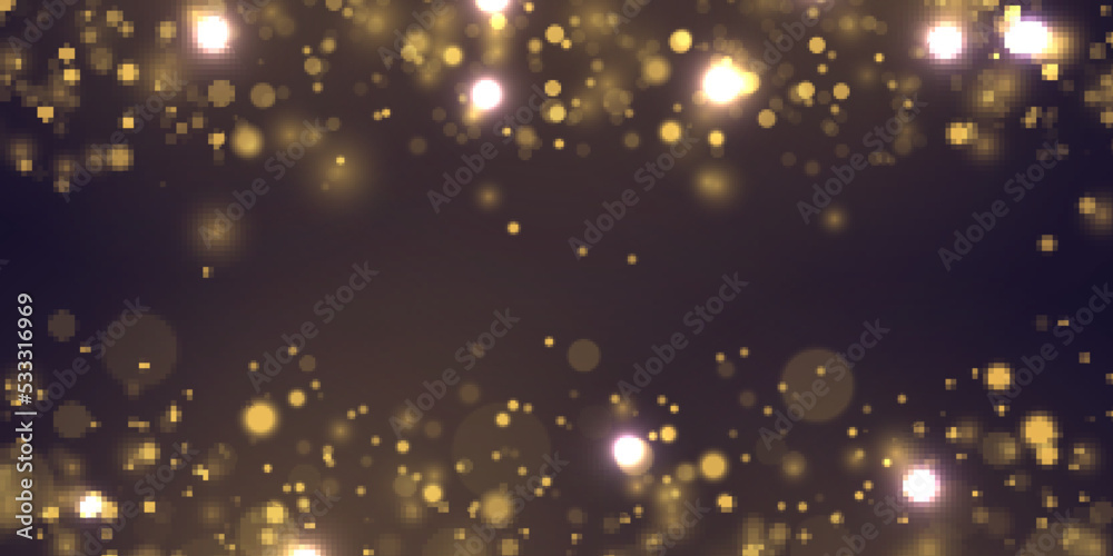 Bokeh lights yellow sparkle, blur gold dust sparks. Blurred bokeh background. Golden stars shine ...