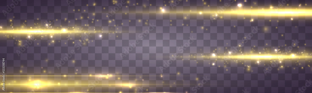 Yellow ray line with electric flash explosion. Gold neon lines speed ...