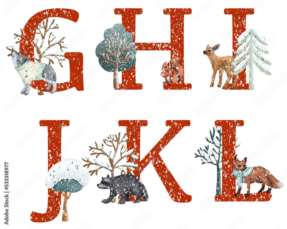 Set of red letters with winter woodland animals, Christmas animal ...