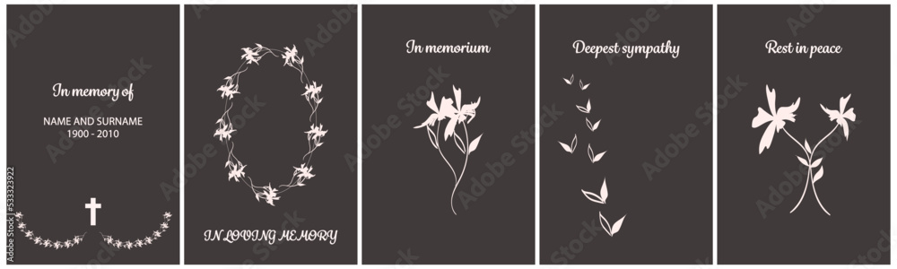 Funeral concept. Sign and symbols. Frames with funeral theme: wreath ...