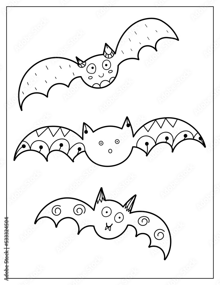 Halloween coloring page with cute bats. Spooky characters print for ...