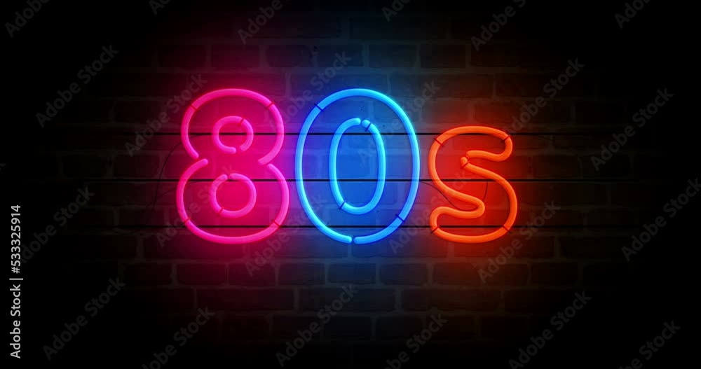 80s neon symbol on brick wall. Retro 1980, eighties nostalgia and ...