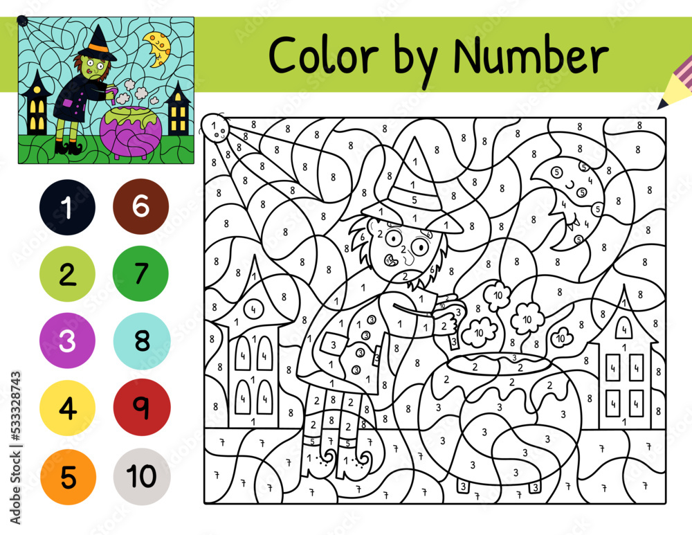Cute witch brewing a potion in a cauldron color by number game for kids ...