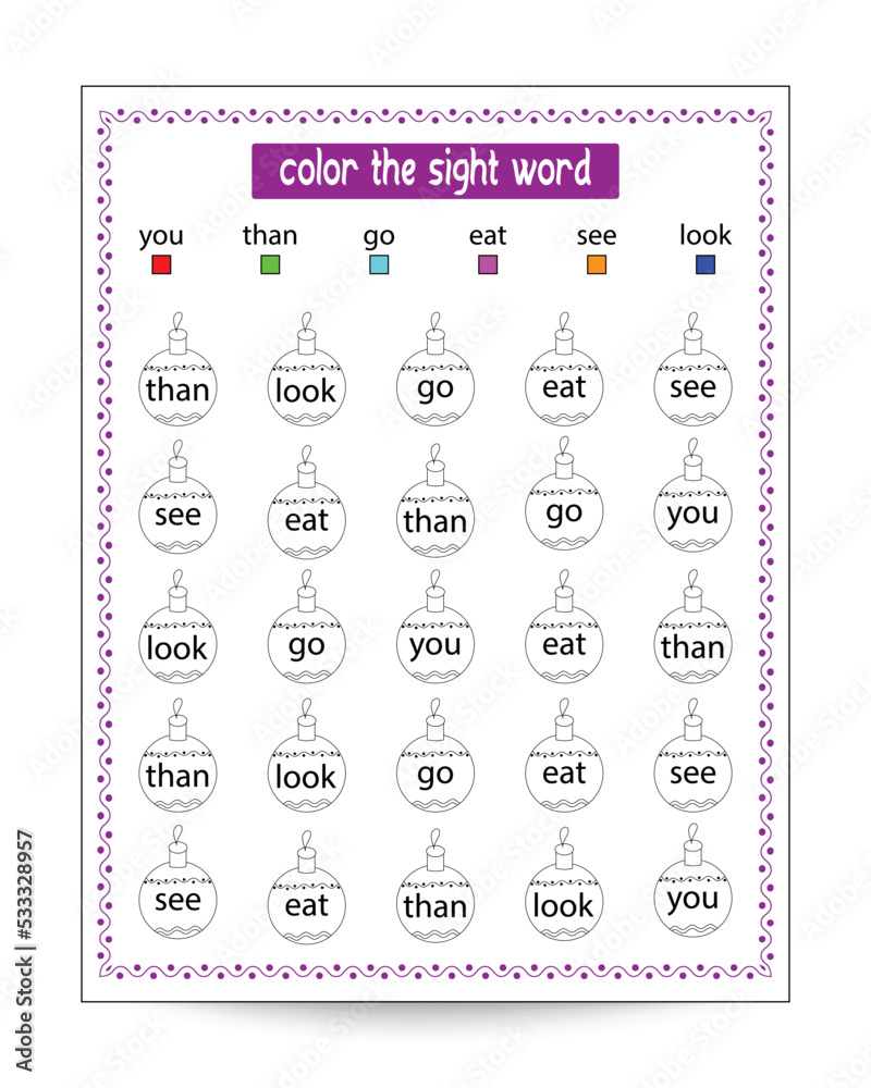 Christmas Sight Words Coloring Worksheet for kids Stock Vector | Adobe ...