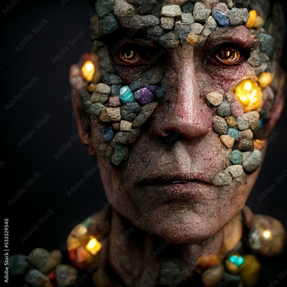 Scary man rocky face with gems incrustated. Gemstones on the skin ...