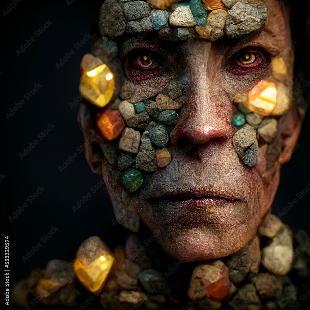 Scary man rocky face with gems incrustated. Gemstones on the skin ...