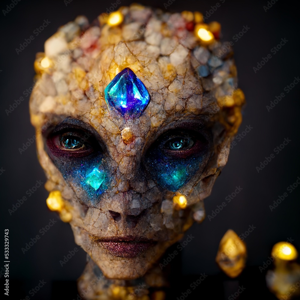 Inhuman face made of rock and precious gemstones. Large dark eyes with ...