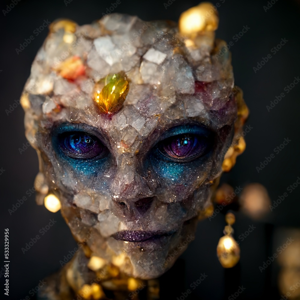 Inhuman face made of rock and precious gemstones. Large dark eyes with ...